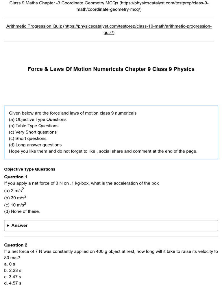 Sure Shot Numericals On Force and Laws of Motion - Class 9 Physics | PDF