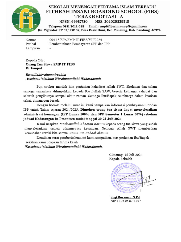 Surat Pemberitahuan Pembayaran SPP Dan Ipp | PDF
