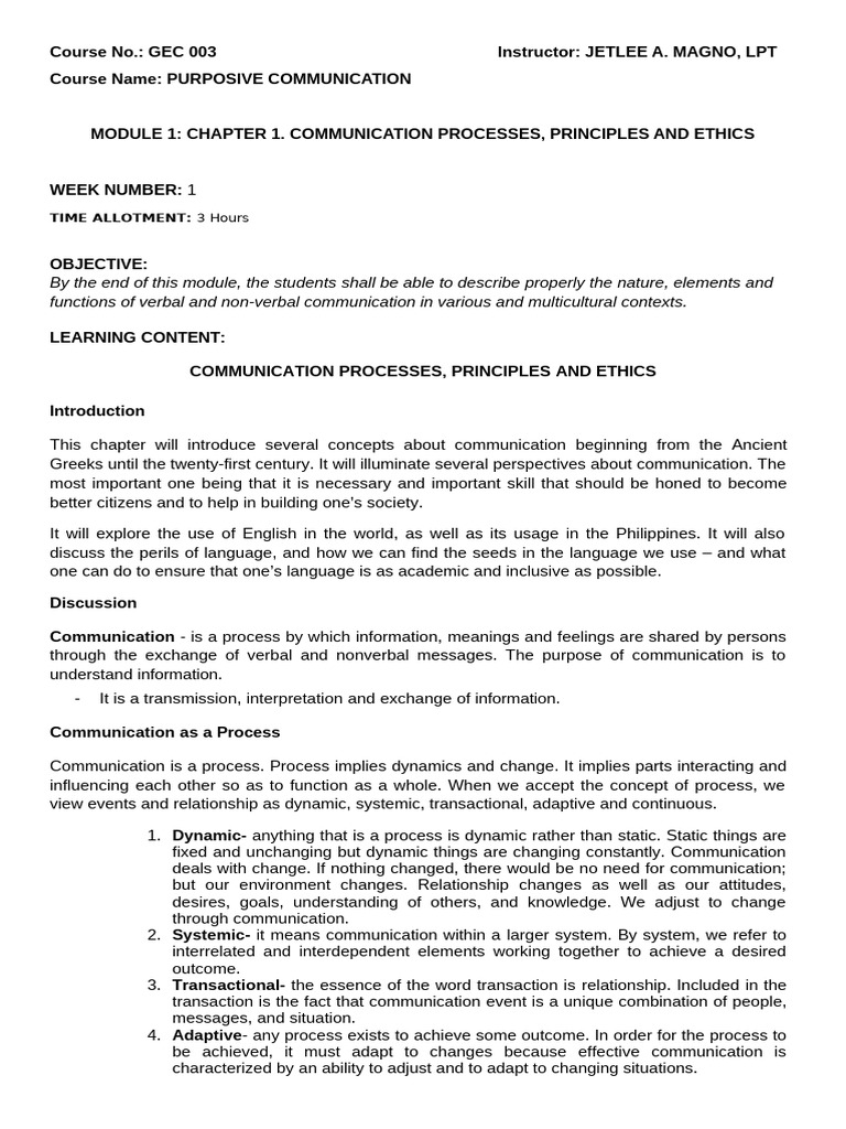 Purposive Communication Module Week 1 | PDF | Communication | Nonverbal ...