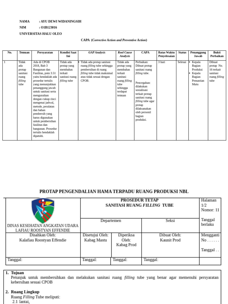 Capa Dan Protap Sanitasi Ruang Filling Tube | PDF
