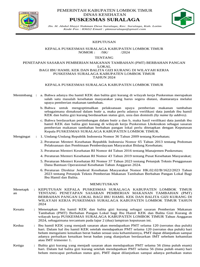 SK Penetapan Sasaran PMT Lokal PKM Suralaga 2024 | PDF