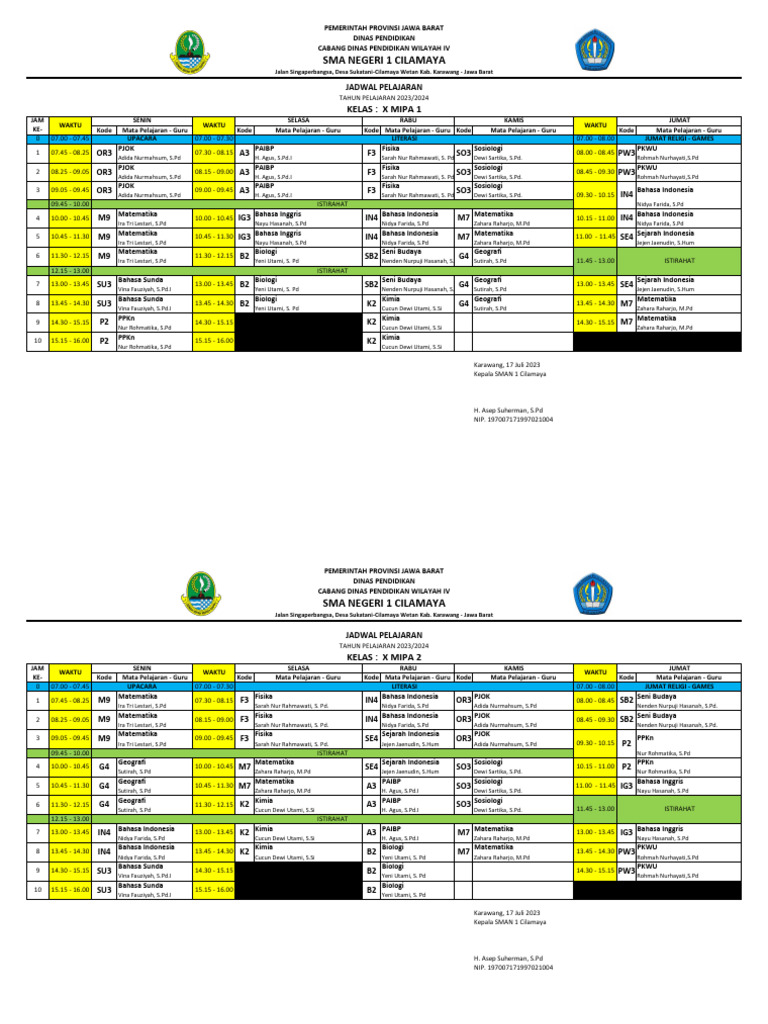 Jadwal Pelajaran 2023-2024 Sacila Per Kelas | PDF