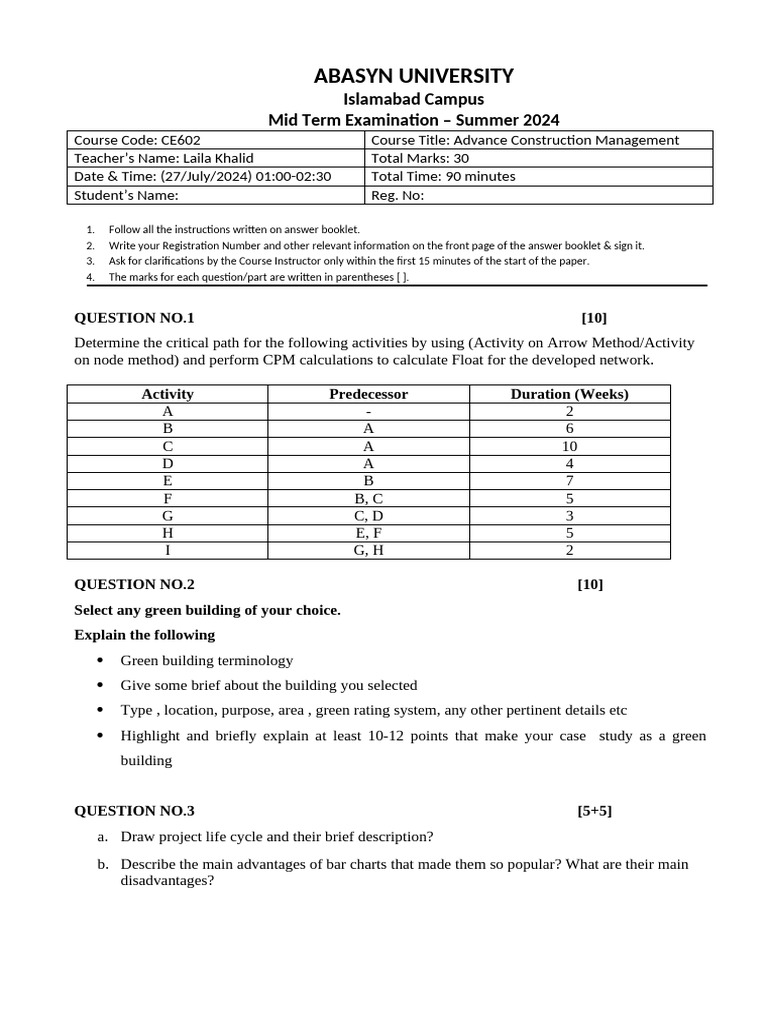 Advance Construction Management Mid Term | PDF