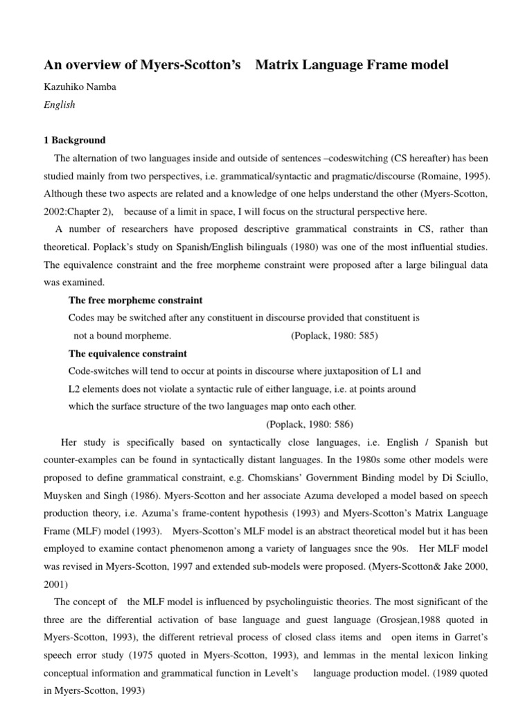 An Overview of Myers-Scotton's Matrix Language Frame Model | PDF | Linguistic Typology | Human ...