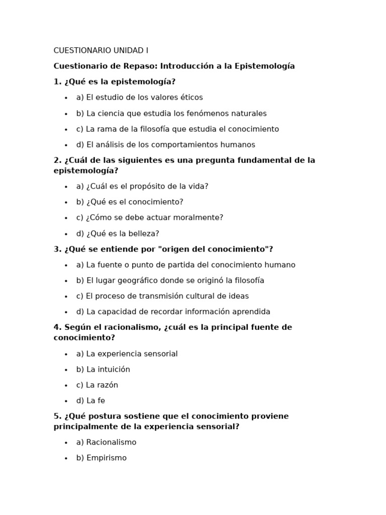 Cuestionario Unidad I | PDF | Conocimiento | Experiencia