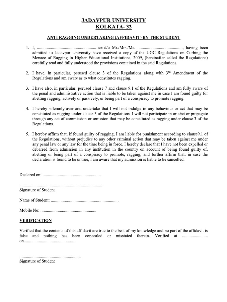 Anti Ragging Form | PDF