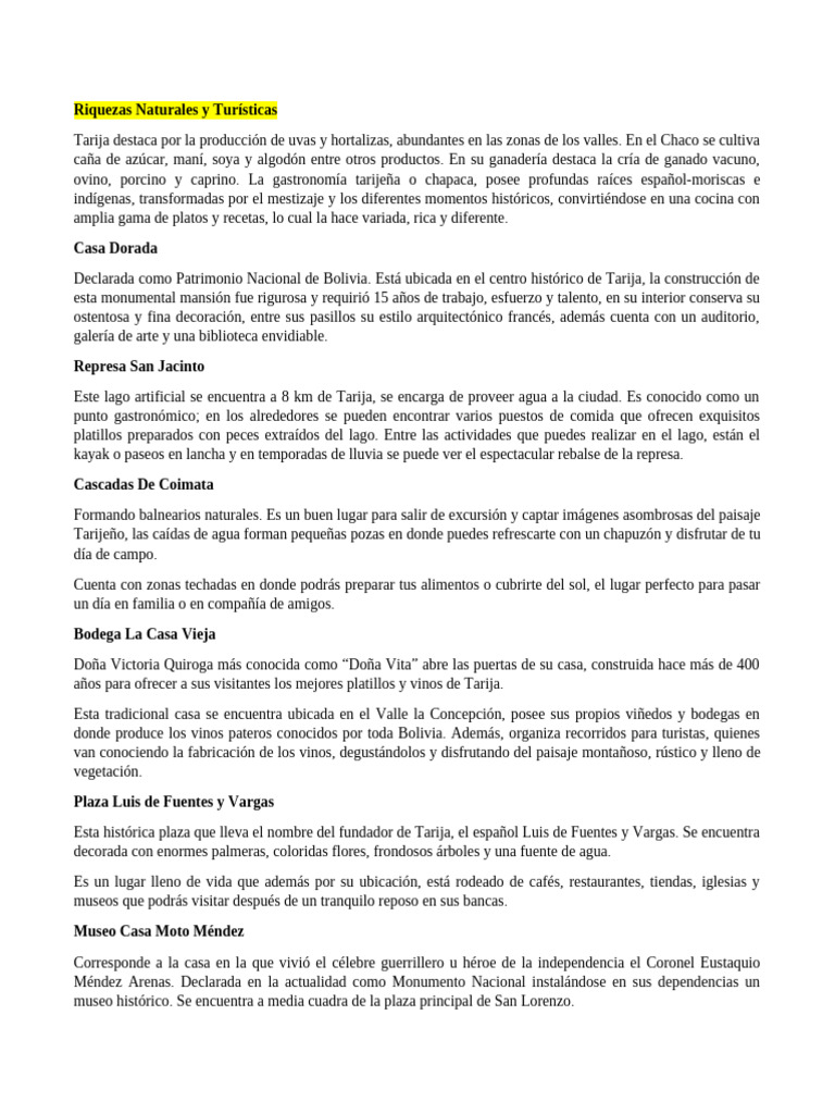 Riquezas Naturales y Turísticas Tarijaaaaaa | PDF