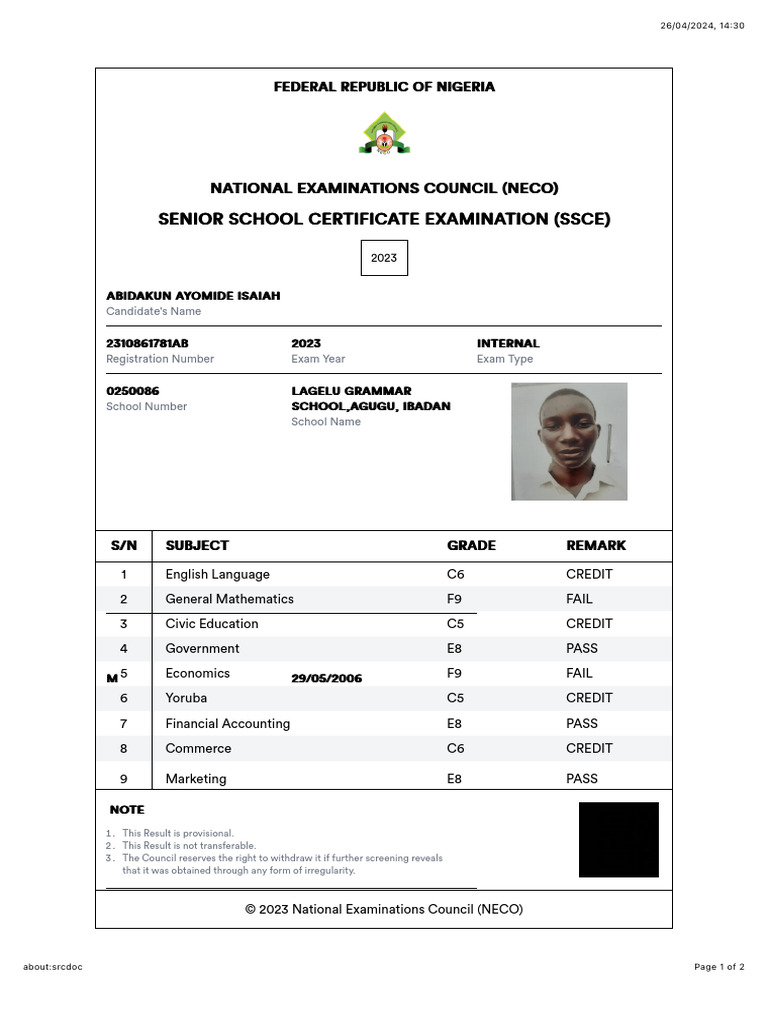 NECO Results Portal | PDF