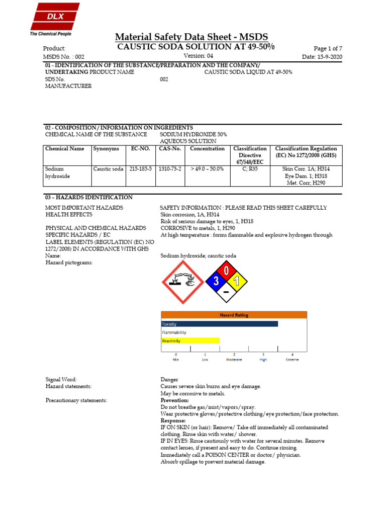 CAUSTIC SODA LIQUID 50% NEW MSDS New | PDF