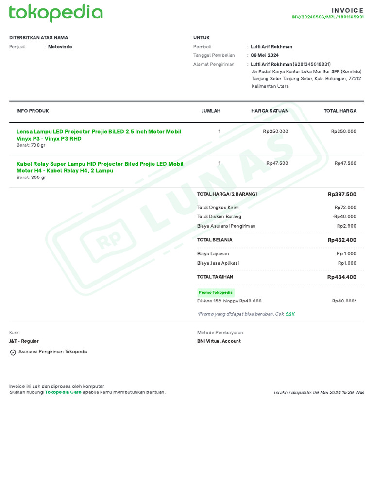 Invoice Pembelian Lampu LED dan Ongkir | PDF
