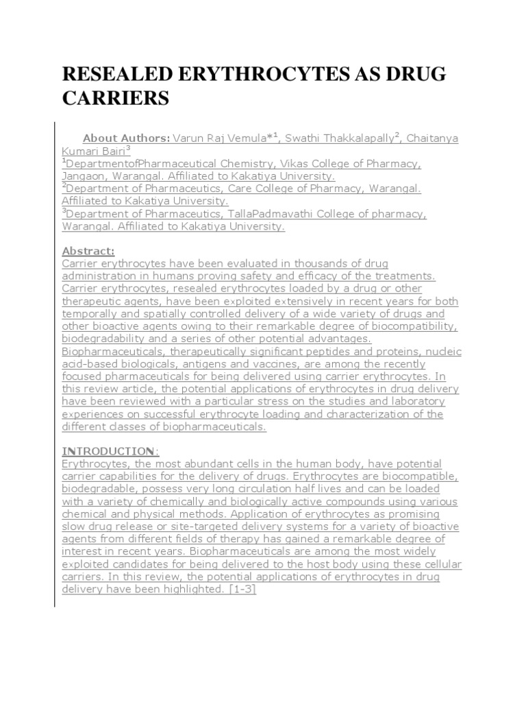 Resealed Erythrocytes As Drug Carriers Rakesh | PDF | Red Blood Cell ...