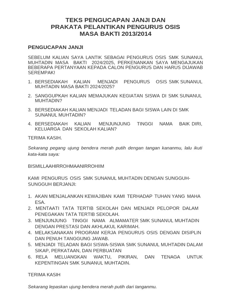 Teks Pengucapan Janji Dan Prakata Pelantikan Pengurus Osis | PDF