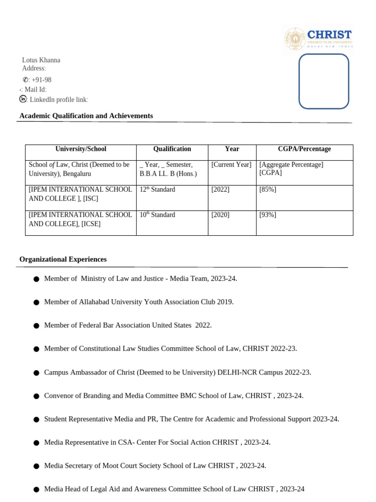 Internship & Placement Cell - CV Format | PDF