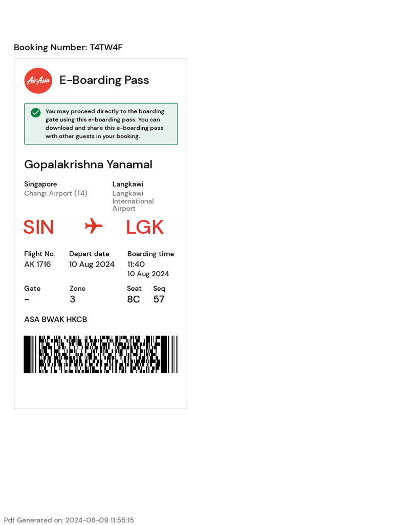 E-Boarding Pass: Booking Number: T4TW4F | PDF