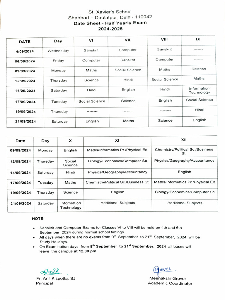Datesheet - Half Yearly Exam | PDF | Science