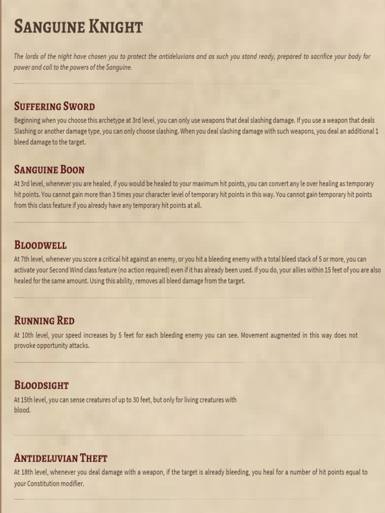 Sanguine Knight Fighter DND 5e Homebrew | PDF