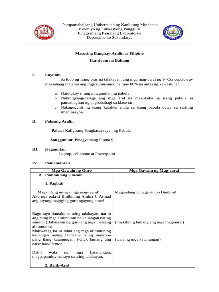 Masusing Banghay-Aralin sa Pabula G9 | PDF | Language Arts & Discipline