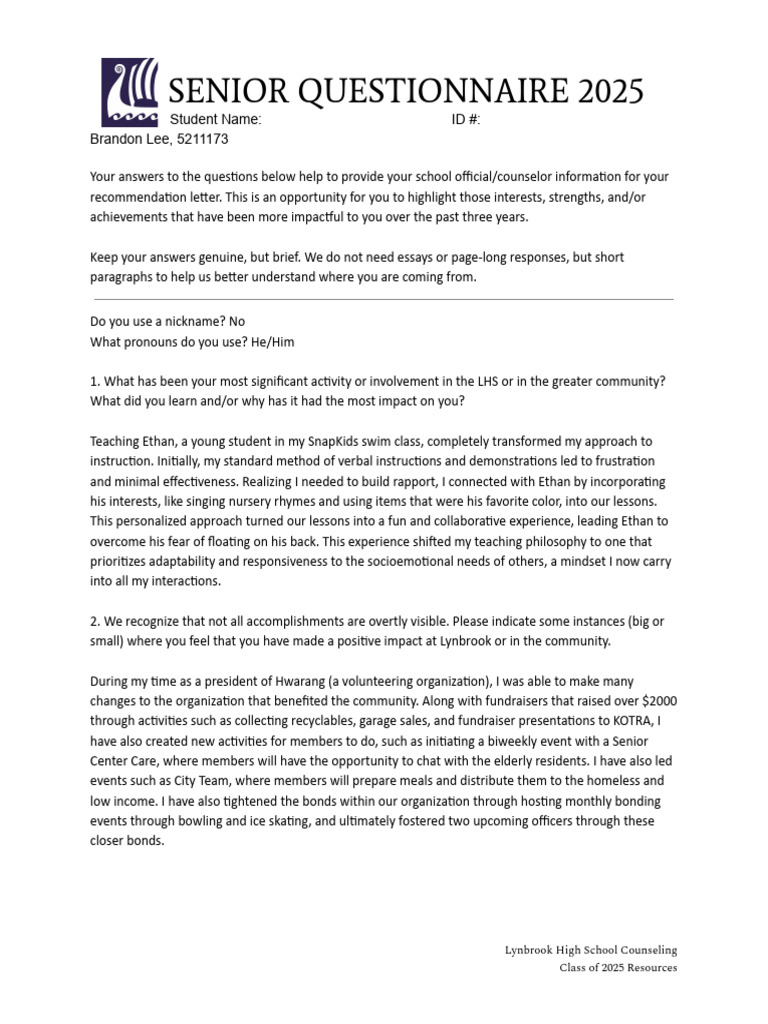 Senior Questionnaire 2025 | PDF