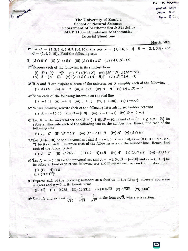 Mat1100 Tutorial Sheet 1 - 5 2024 | PDF