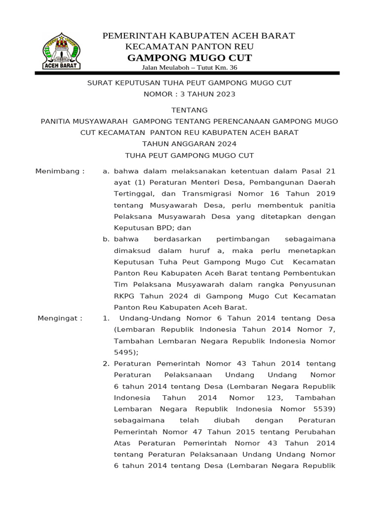 SK Tuha Peut Panitia Musyawarah Gampong TEtang Perencanaan Gampong | PDF