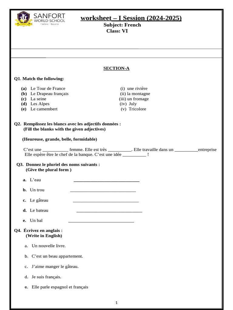 French worksheet class VI | PDF