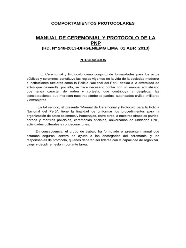 Manual de Ceremonial y Protocolo de La PNP - Trabajo Colaborativo | PDF