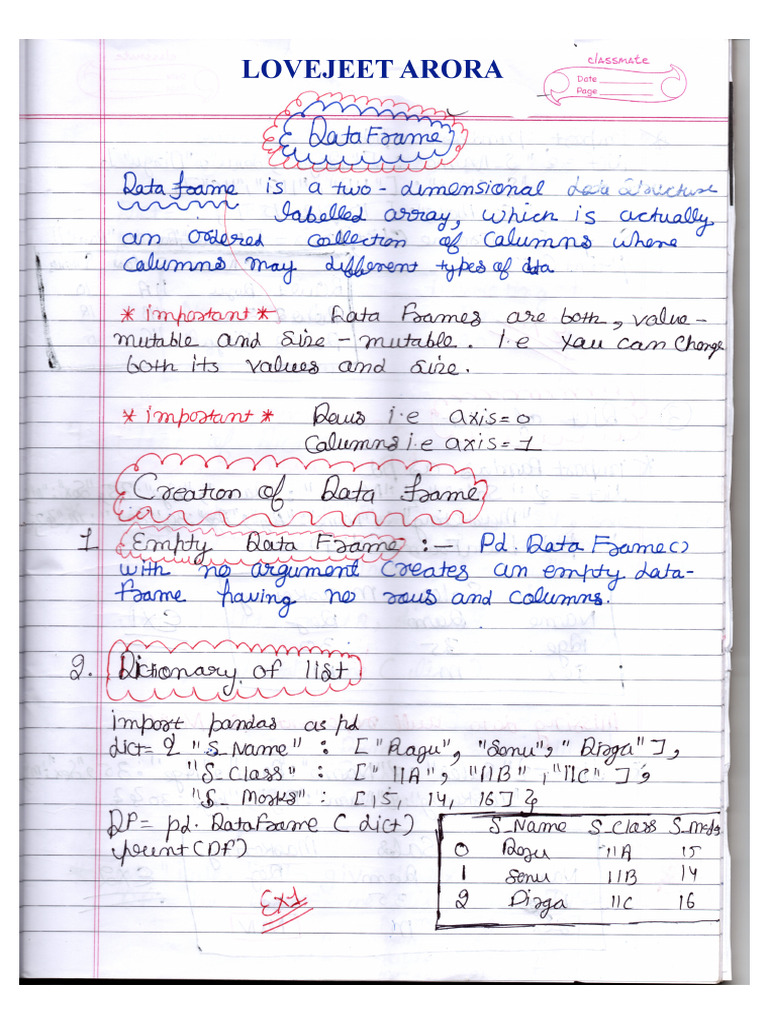 Data Frame - Handwritten Notes by Lovejeet Arora | PDF