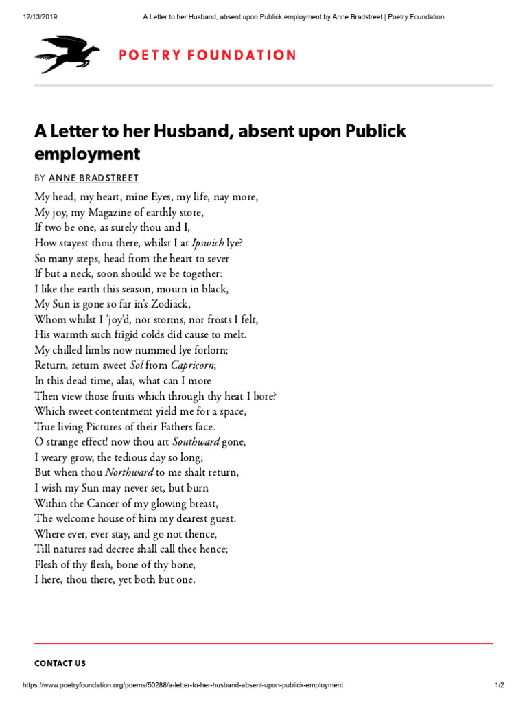 A Letter To Her Husband, Absent Upon Publick Employment by Anne ...