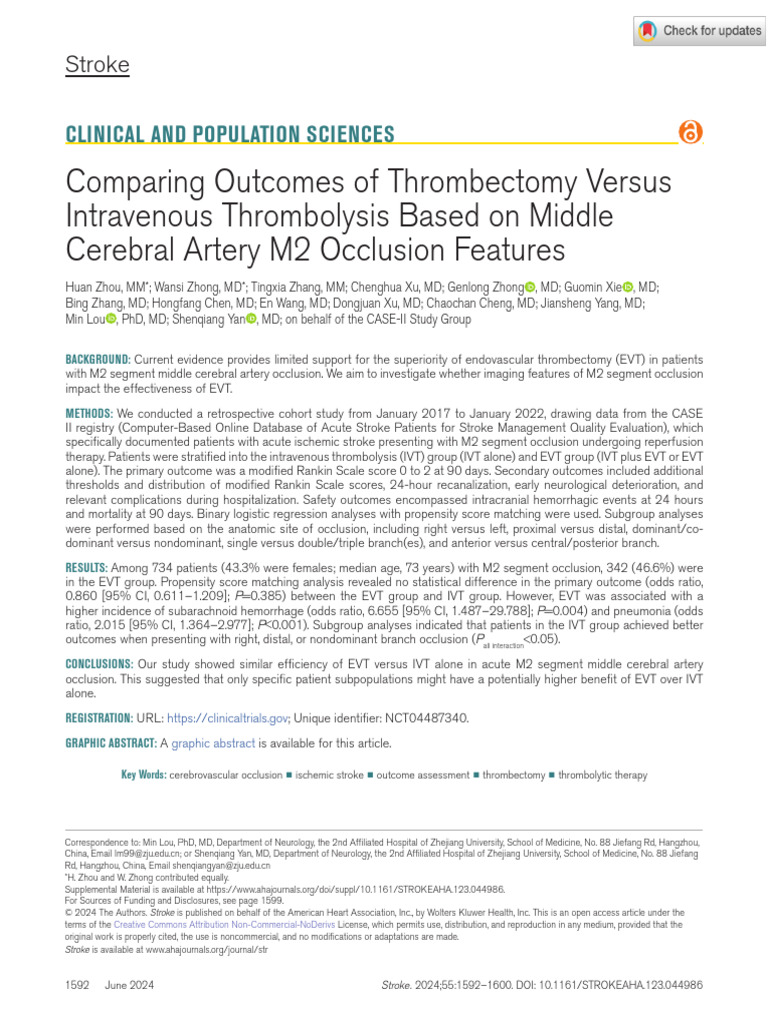 Zhou Et Al 2024 Comparing Outcomes of Thrombectomy Versus Intravenous Thrombolysis Based On ...