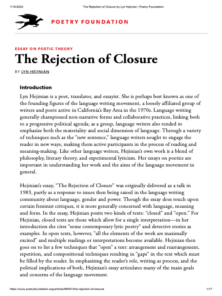 The Rejection of Closure by Lyn Hejinian _ Poetry Foundation | PDF