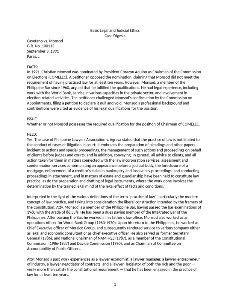 Basic Legal and Judicial Ethics Case Digests | PDF | Lawyer | Law