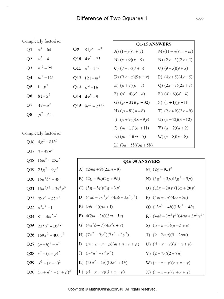 Difference of Squares MOL 1 | PDF