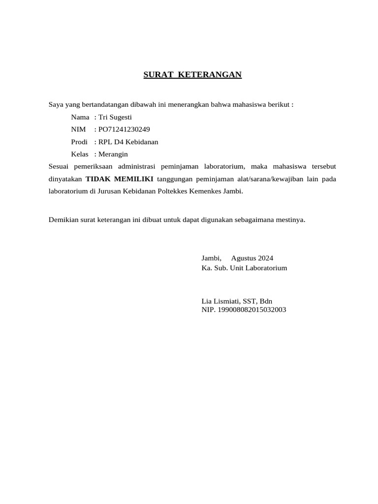 Surat Keterangan Bebas Lab | PDF