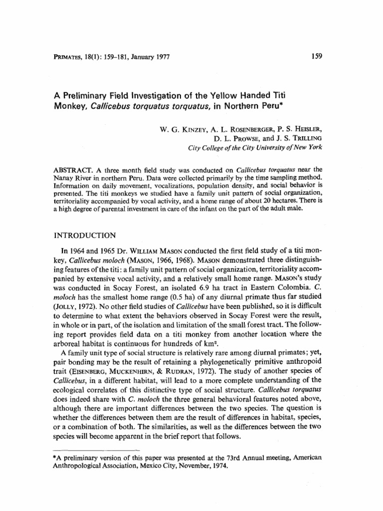 Preliminary Field Investigation of The Yellow Handed Titi Monkey ...