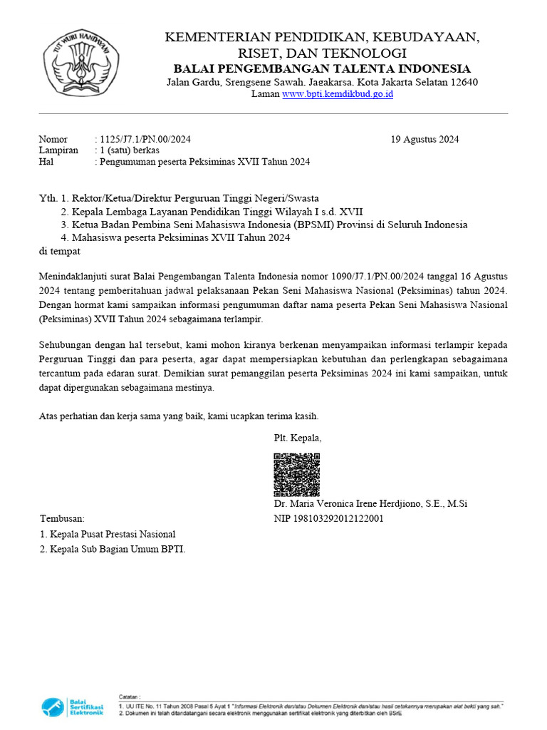 Surat Pemanggilan Peserta PEKSIMINAS Tahun 2024 | PDF