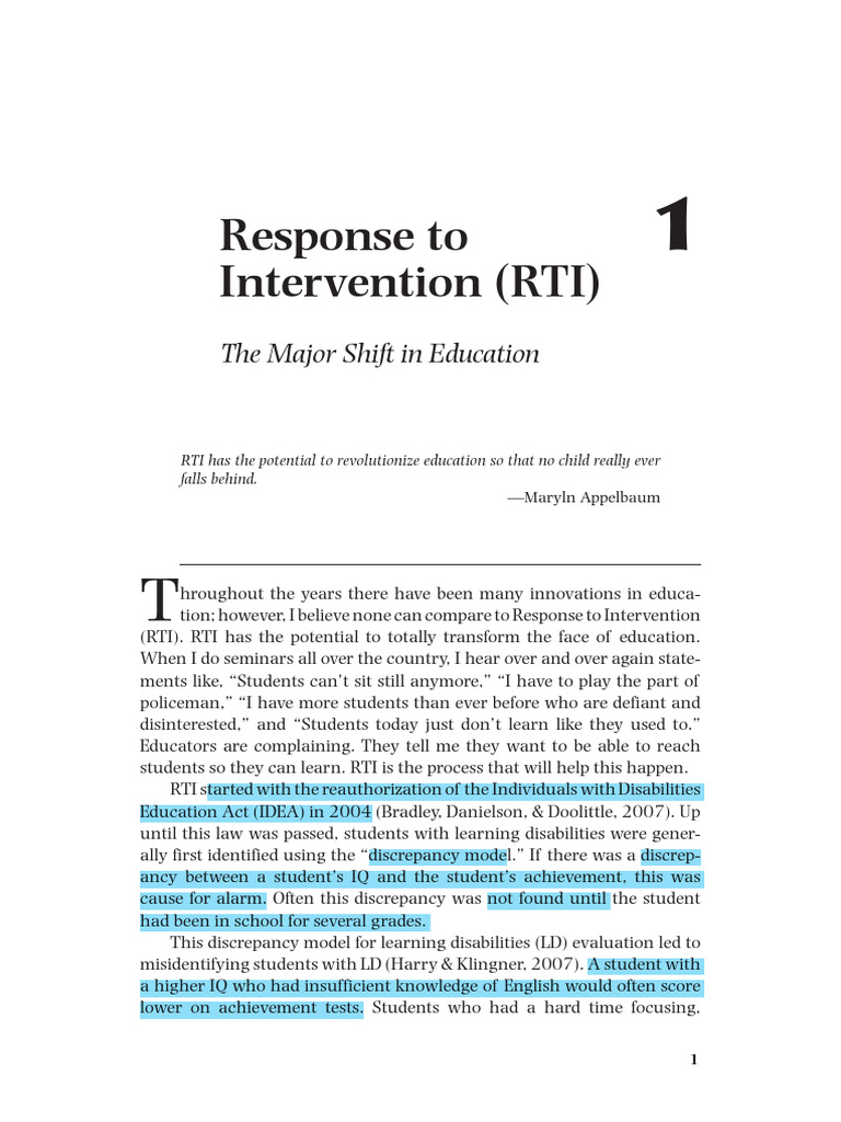 Response To Intervention (RTI) : The Major Shift in Education | PDF