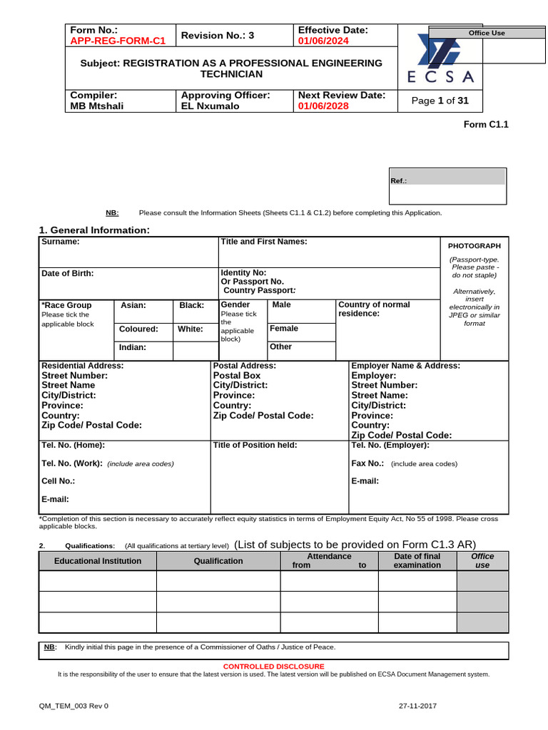 APP-REG-FORM-C1 Registration As A Professional Engineering Technician | PDF