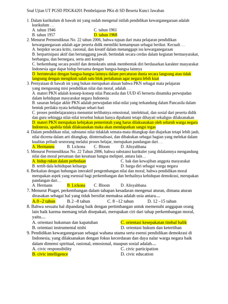 Soal Ujian UT PGSD PDGK4201 Pembelajaran PKN Di SD Beserta Kunci Jawaban | PDF