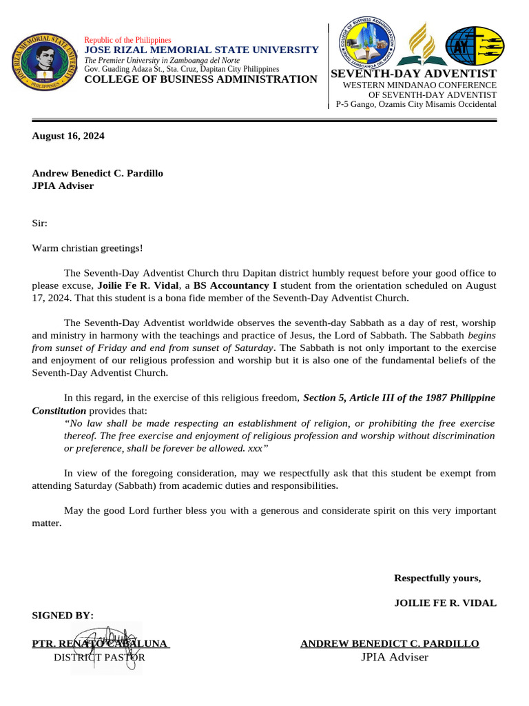 Sabbath Excuse Letter | PDF | Seventh Day Adventist Church | Shabbat