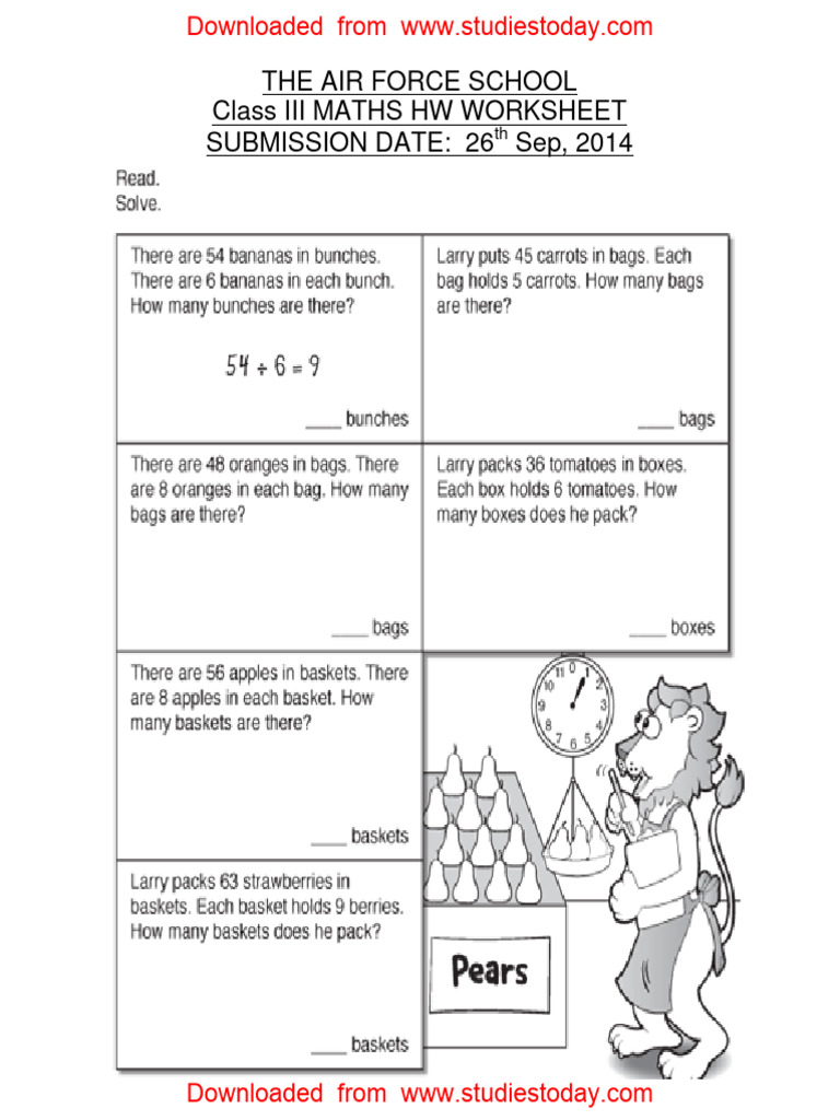 CBSE Class 3 Mathematics Worksheet (42) - Division | PDF