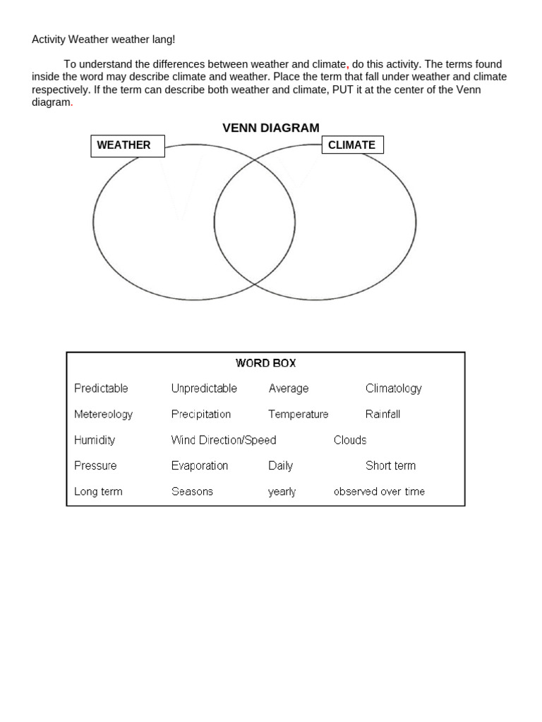 Weather vs. Climate Venn Diagram Activity | PDF | Language Arts ...