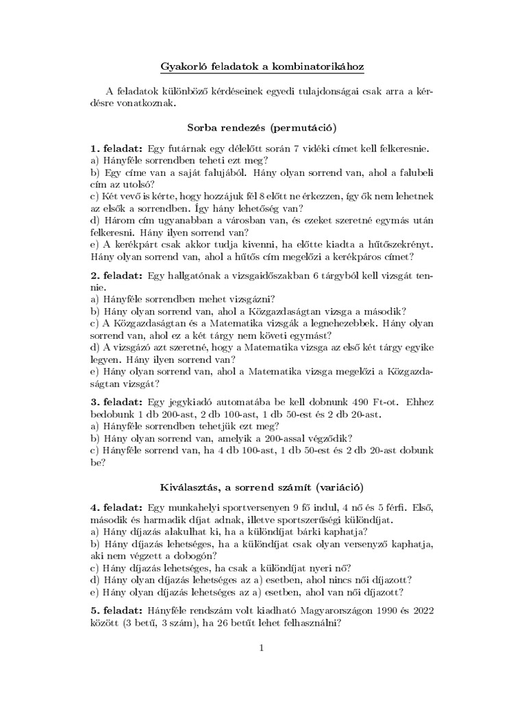 Kombinatorika - Gyakorlo | PDF