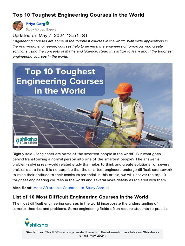 Top 10 Toughest Engineering Courses in The World: Updated On May 7 ...