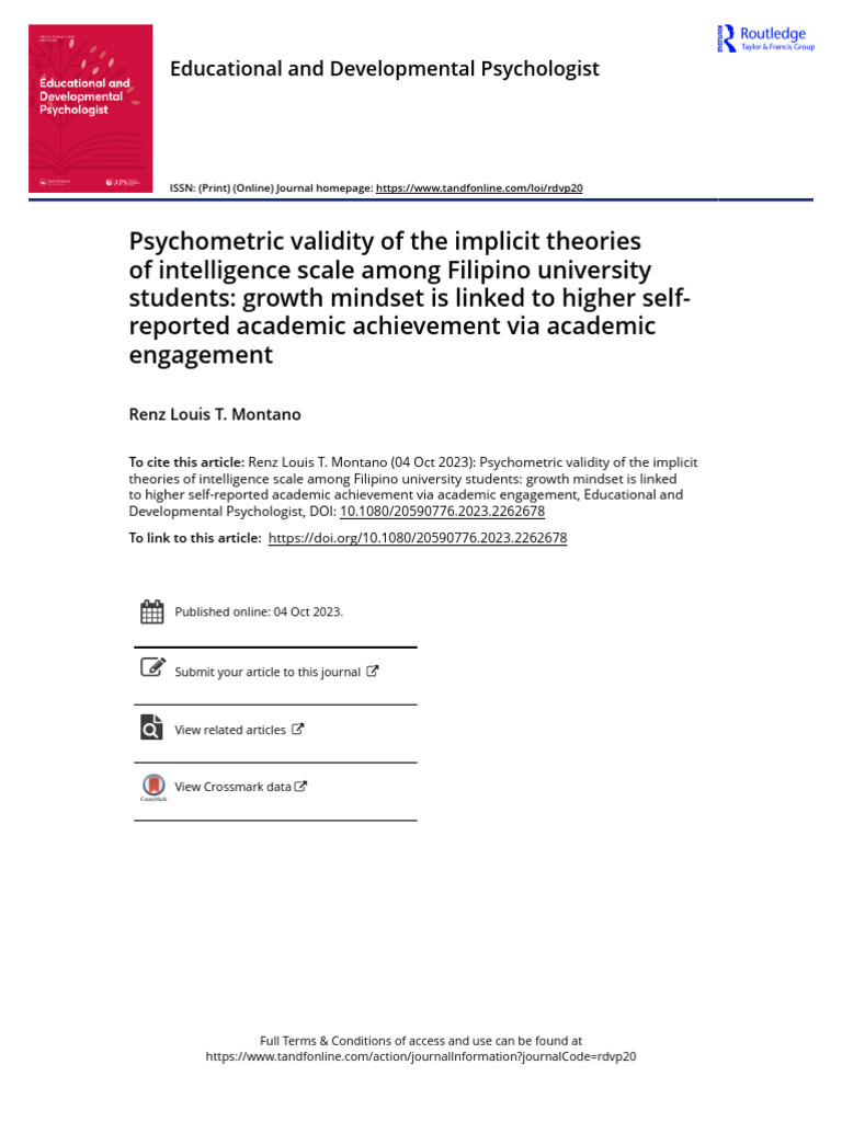 Psychometric Validity Of The Implicit Theories Of Intelligence Scale Among Filipino University