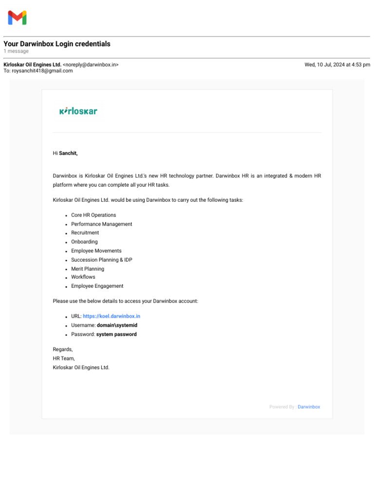Gmail - Your Darwinbox Login Credentials | PDF