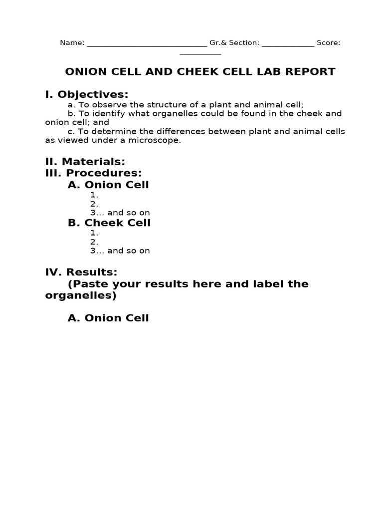 Onion and Cheek Cell Lab Report Template | PDF | Wellness | Science ...