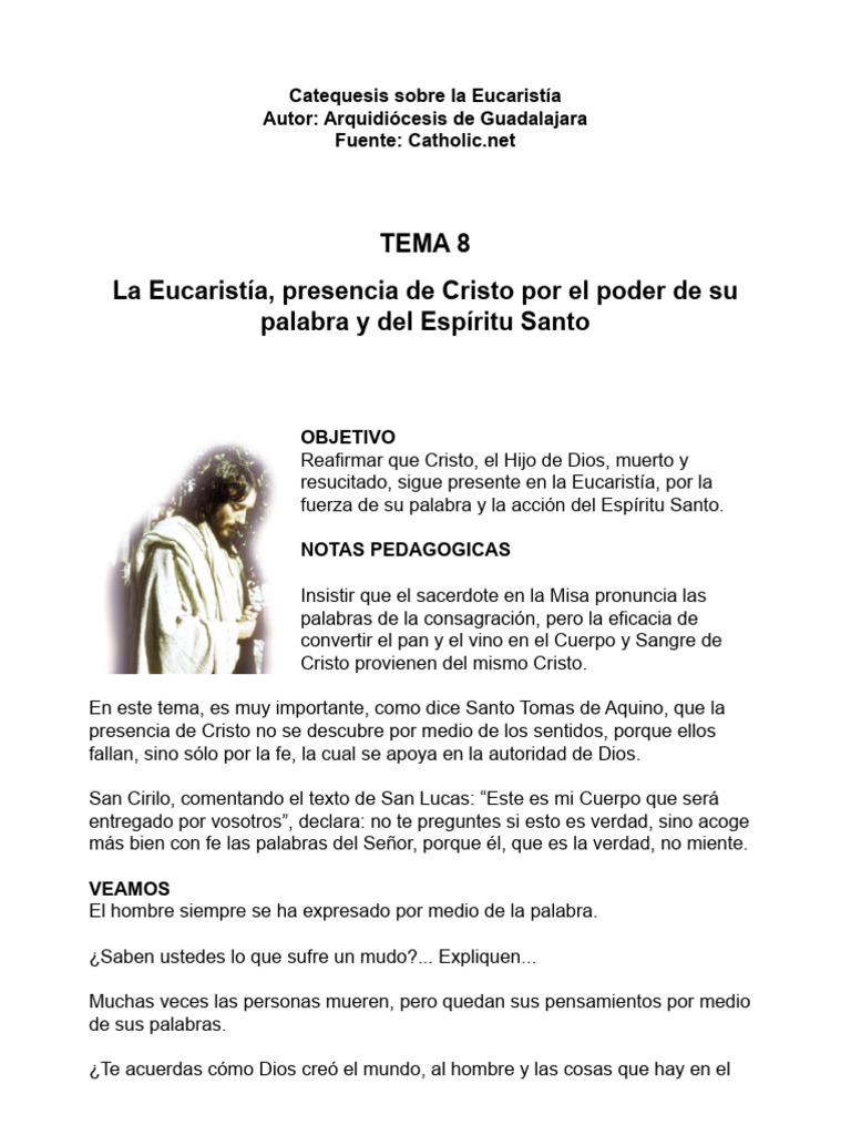 TEMA 8 - La Eucaristia, Presencia de Cristo Por El Poder de Su Palabra y Del Espiritu Santo | PDF