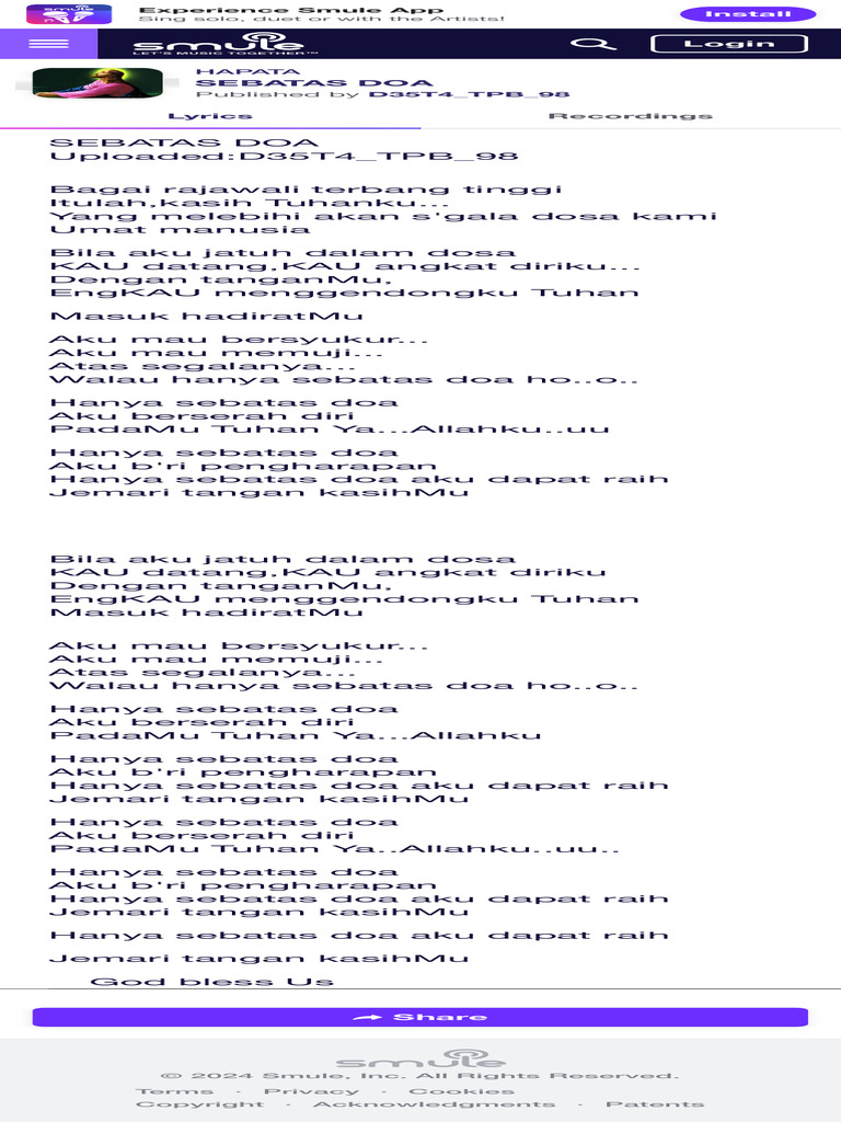 SEBATAS DOA - Song Lyrics and Music by HAPATA Arranged by D35T4 - TPB ...