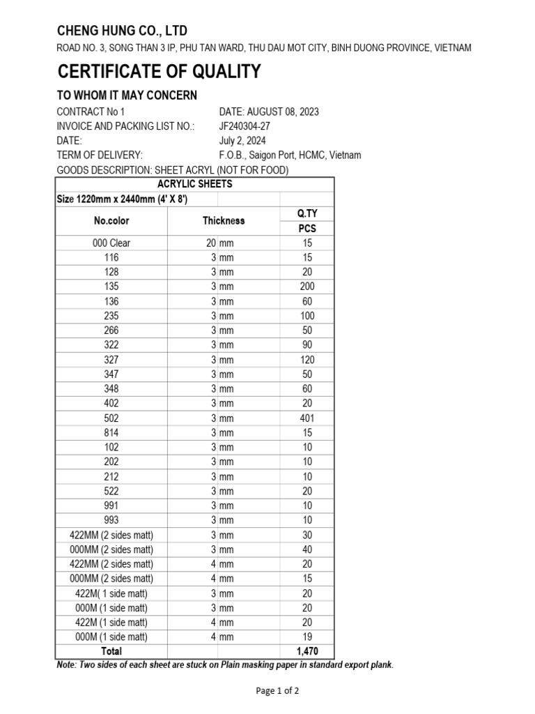 Cont Certificate of Quality | PDF
