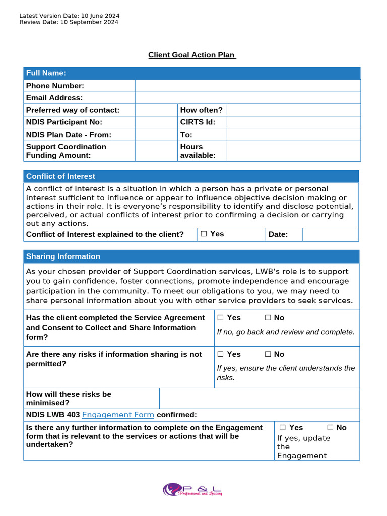 NDIS Client Goal Action Plan Template | PDF | Conflict Of Interest | Risk